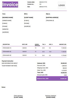 Content & Copy-Writing Invoice Template (Excel, Word, PDF)