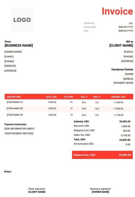 FREE Handyman Invoice Templates (Word, Excel, PDF)