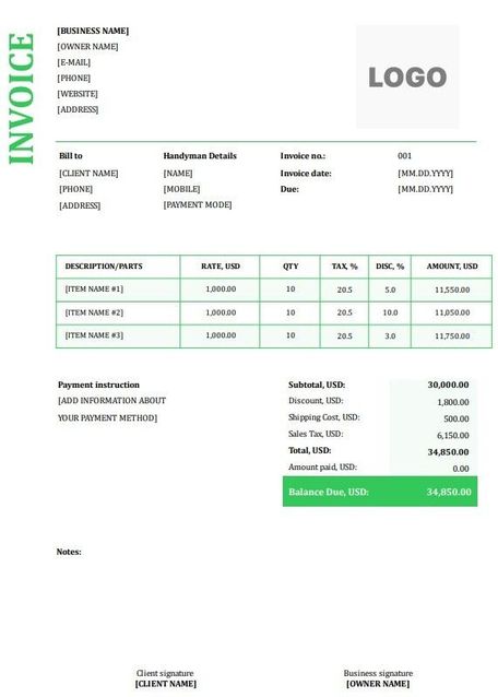 FREE Handyman Invoice Templates (Word, Excel, PDF)