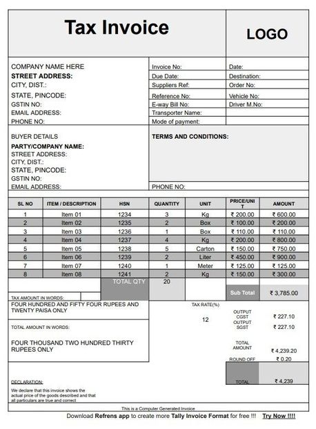 FREE Tally Bill Format (Word, Excel and PDF) FREE Tally Bill Format (Word, Excel and PDF)