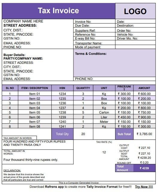 FREE Tally Bill Format (Word, Excel and PDF)